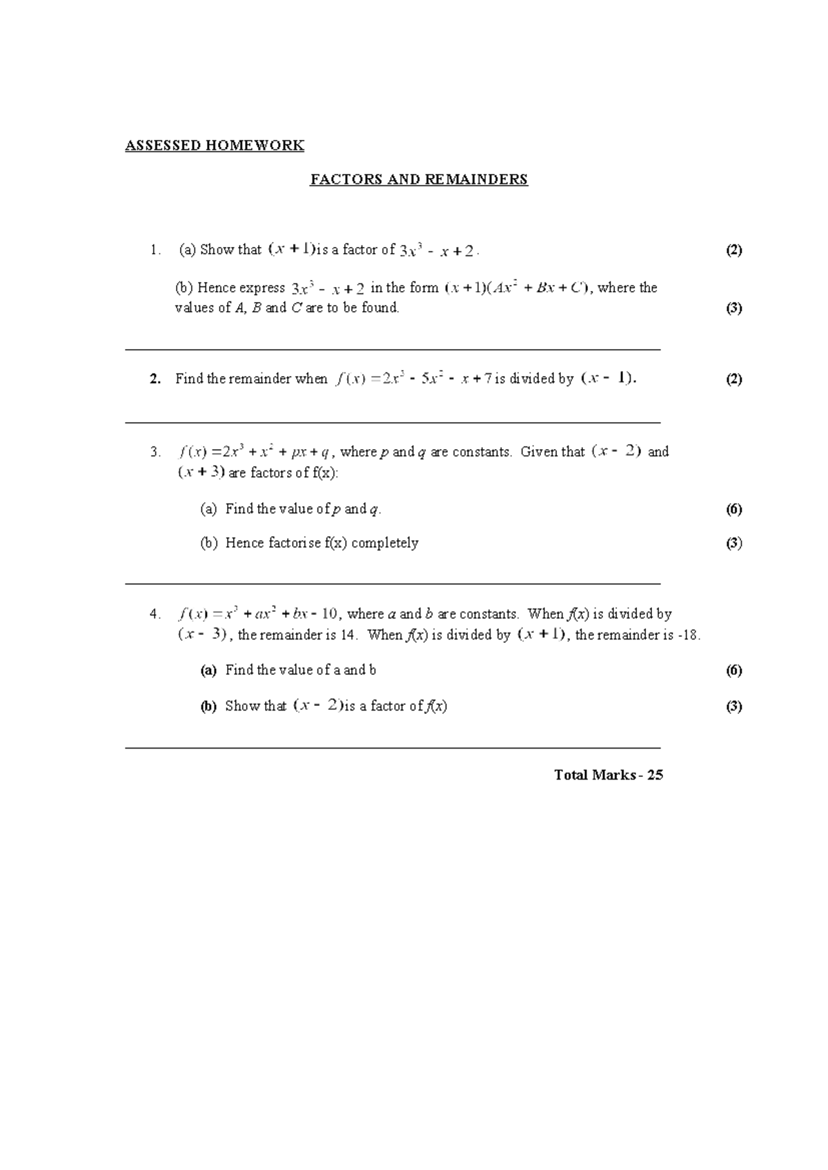 Y1 Week 8 Y1 AS Chapter 7 Algebraic Methods - ASSESSED HOMEWORK FACTORS ...