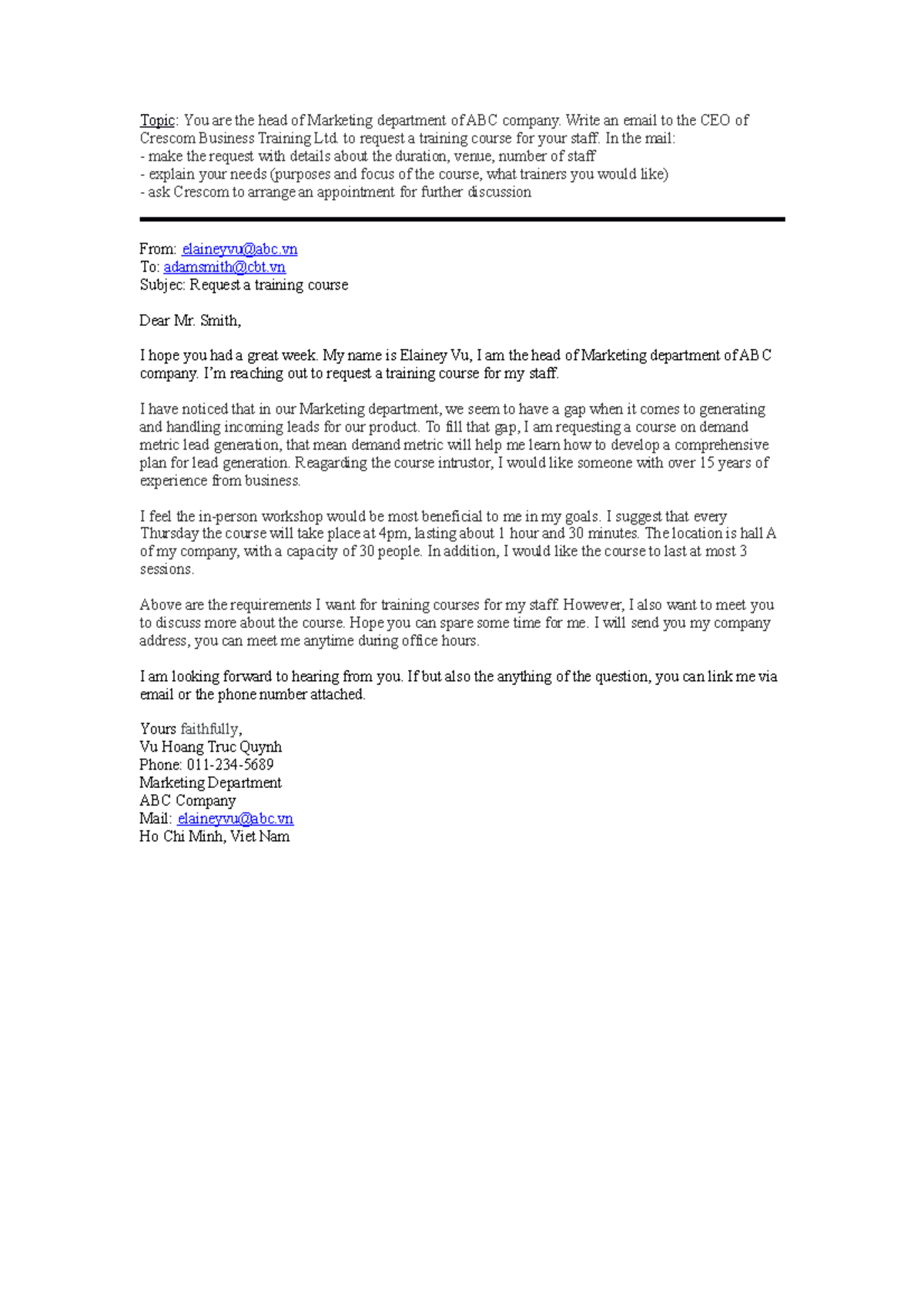 Training course email - 123 - Topic: You are the head of Marketing ...