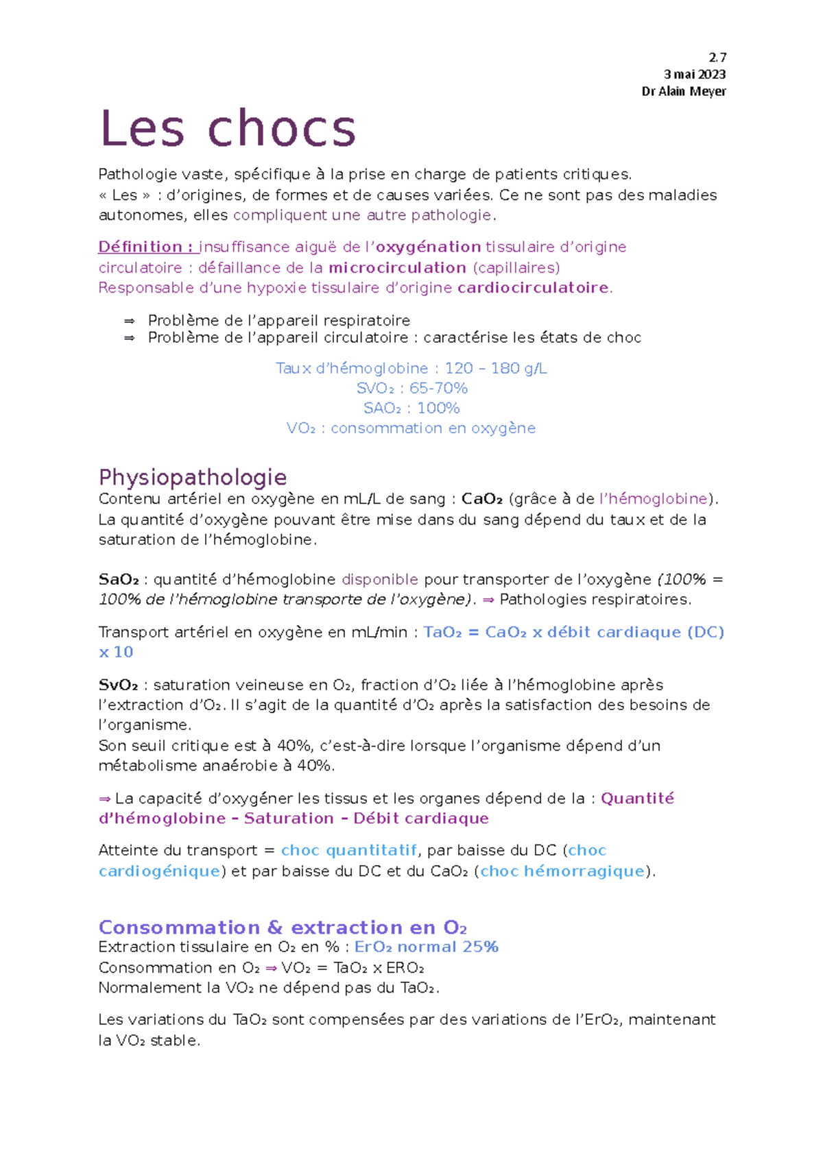 Les chocs - 3 mai 2023 Dr Alain Meyer Les chocs Pathologie vaste ...