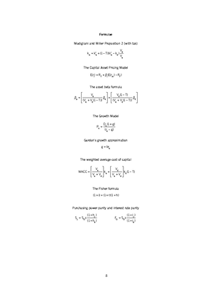 AFM exam formulae sheet - 8 Formulae Modigliani and Miller Proposition ...