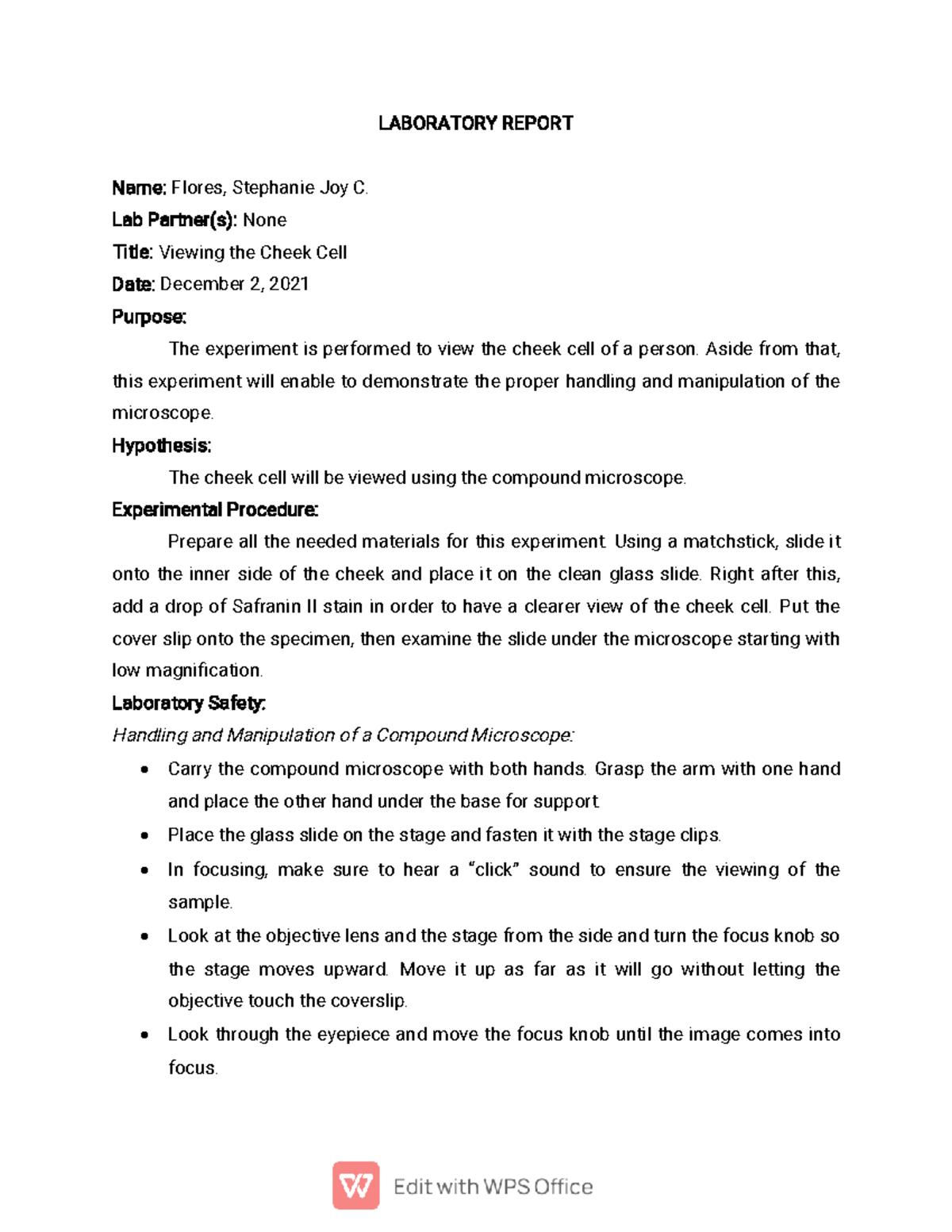 Cheek CELL LAB Report - LABORATORYREPORT Name:Flores,StephanieJoyC ...