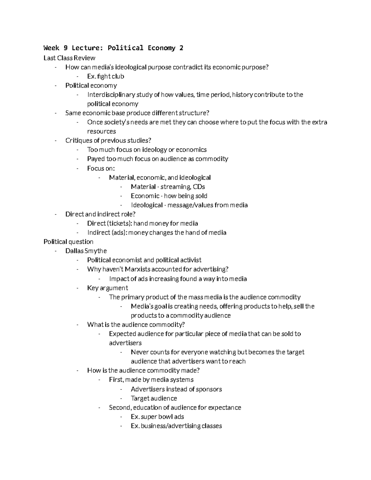 J 314 Political Economy 2 Lecture (Week 9) - Week 9 Lecture: Political ...