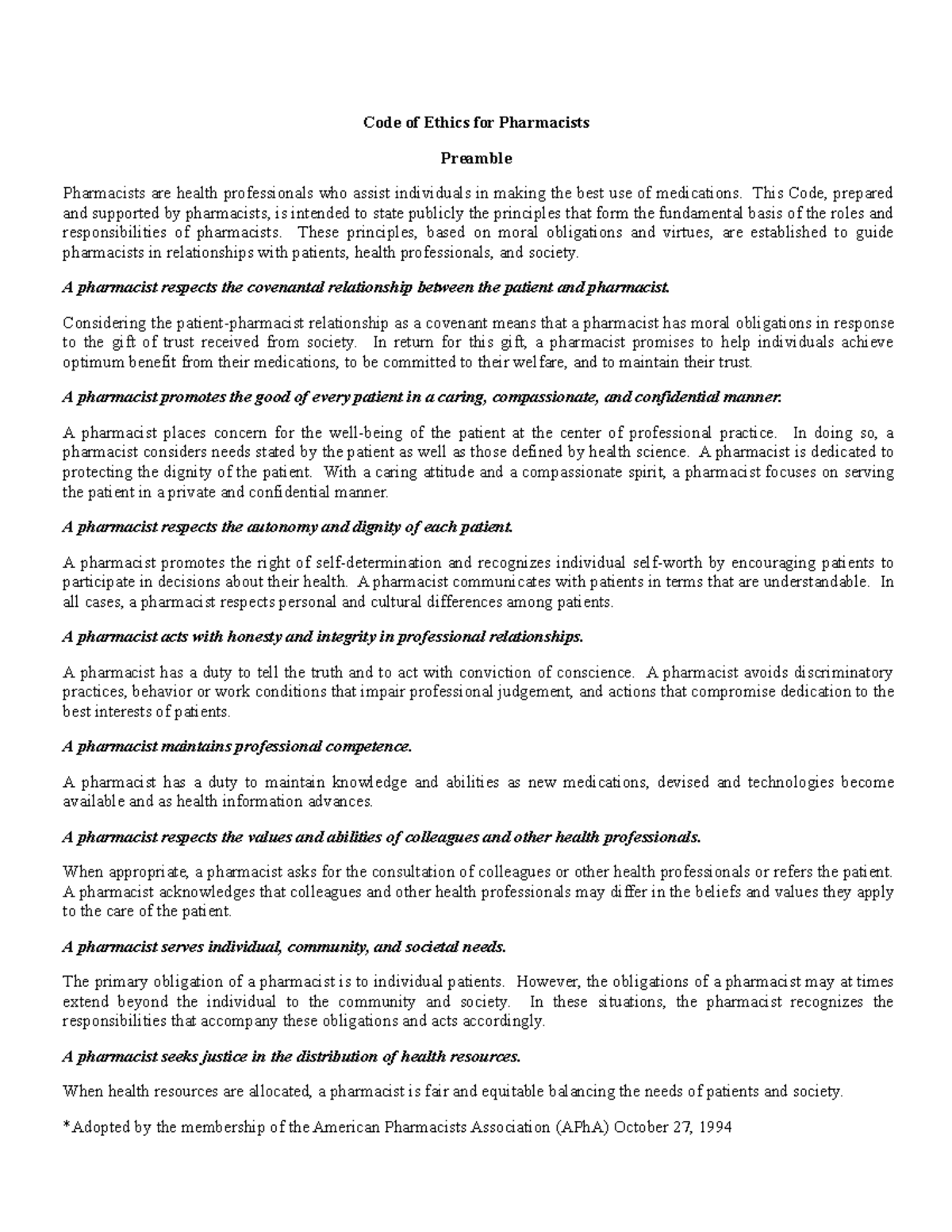 Code of Ethics for Pharmacists - Code of Ethics for Pharmacists ...