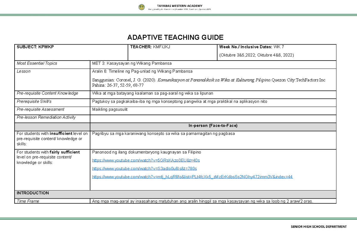 ATG Kpwkp Q1 WK7 KMF JKJ - ATG - ADAPTIVE TEACHING GUIDE SUBJECT: KPWKP ...