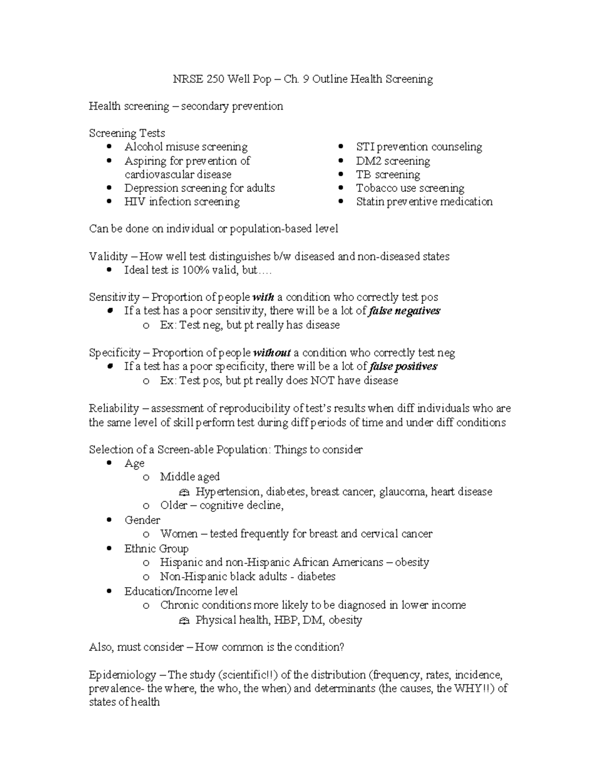Ch. 9 Screening Outline - NRSE 250 Well Pop – Ch. 9 Outline Health ...