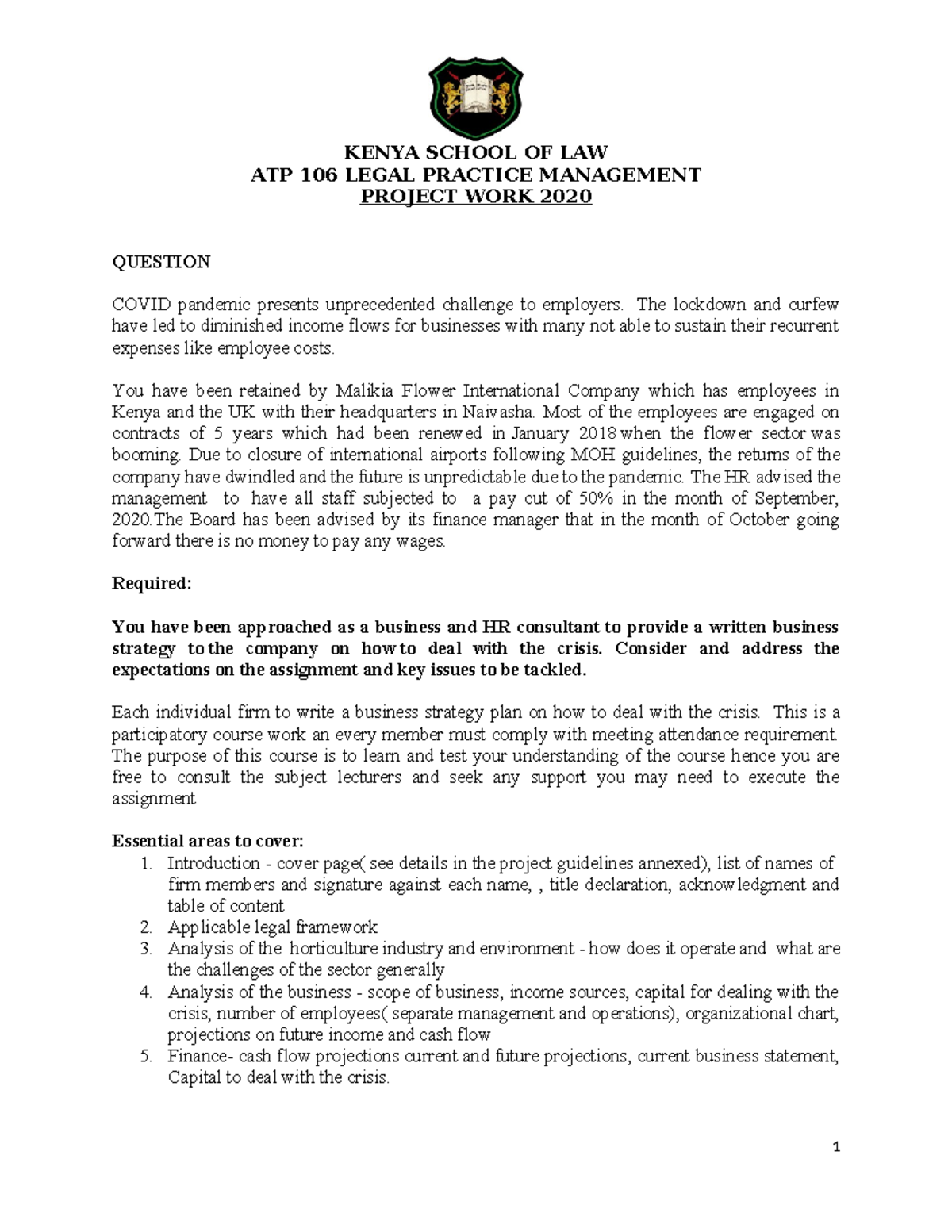 ATP 106 Course Project WORK 2020 - KENYA SCHOOL OF LAW ATP 106 LEGAL ...