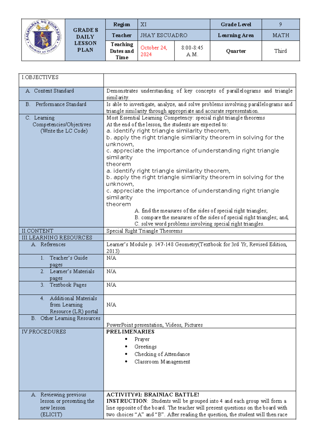 J- Session 8-LP - It is a lesson plan for grade 9 - aaaaa GRADE 8 DAILY ...