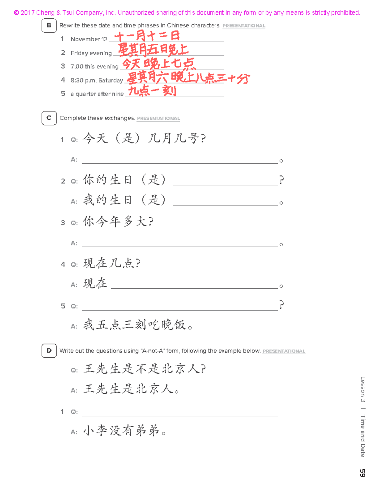 Chinese Workbook - Answer - Lesson 3 | Time and Date B Rewrite these ...