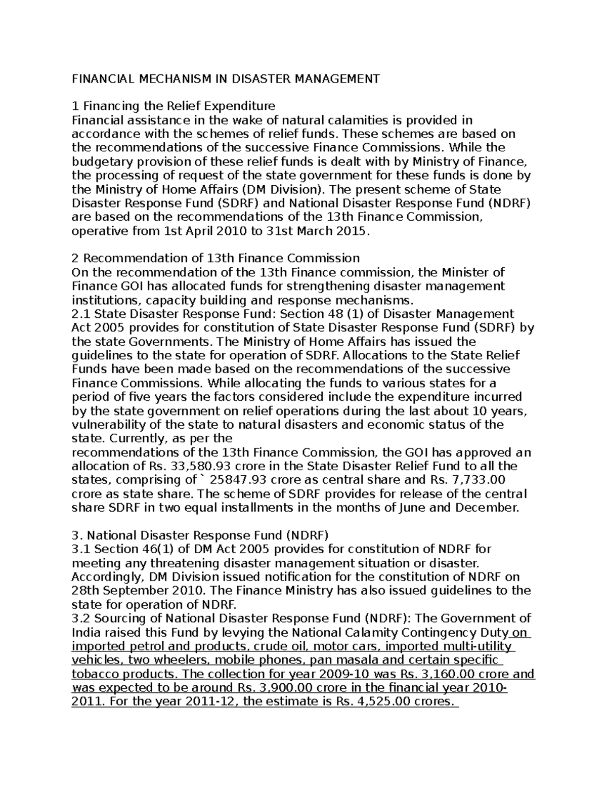 Disaster Management Notes - 1) Financial Mechanism In Disaster ...