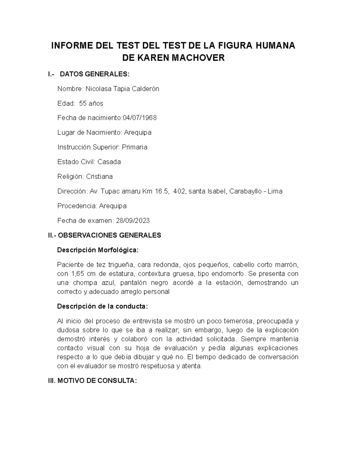 Informe Machover x areas - INFORME DEL TEST DEL TEST DE LA FIGURA ...