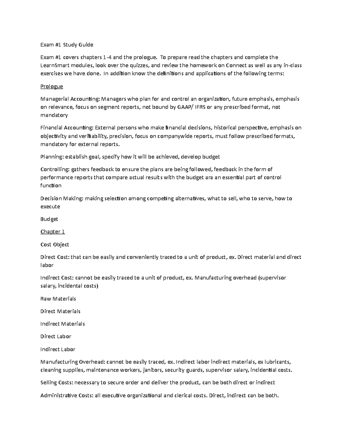 Exam study guides - Exam #1 Study Guide Exam #1 covers chapters 1-4 and ...
