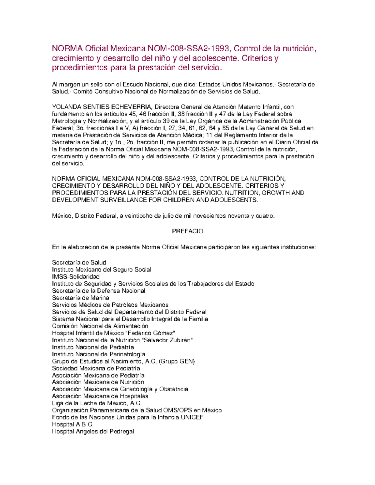 Norma Oficial Mexicana NOM-008-SSA2-1993, Control de la nutrición ...