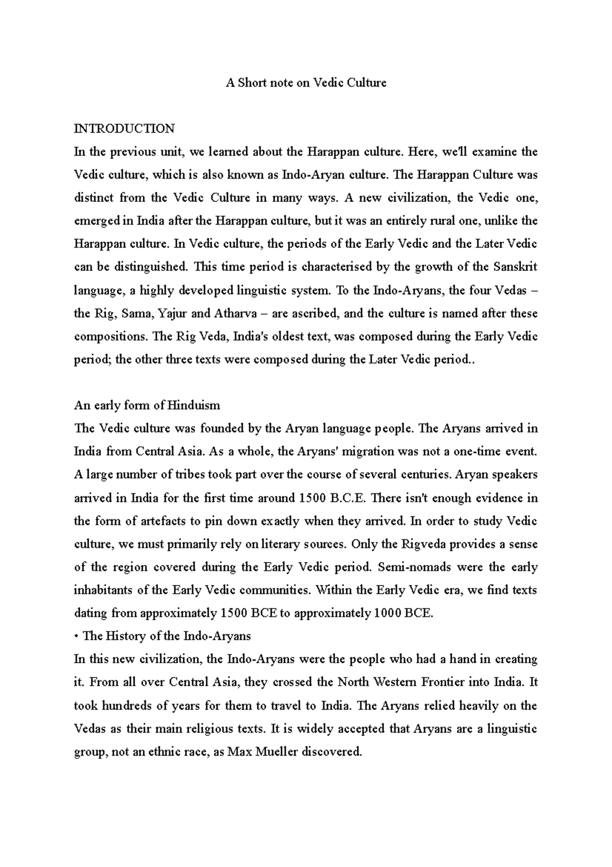 A Short note on Vedic Culture - A Short note on Vedic Culture ...