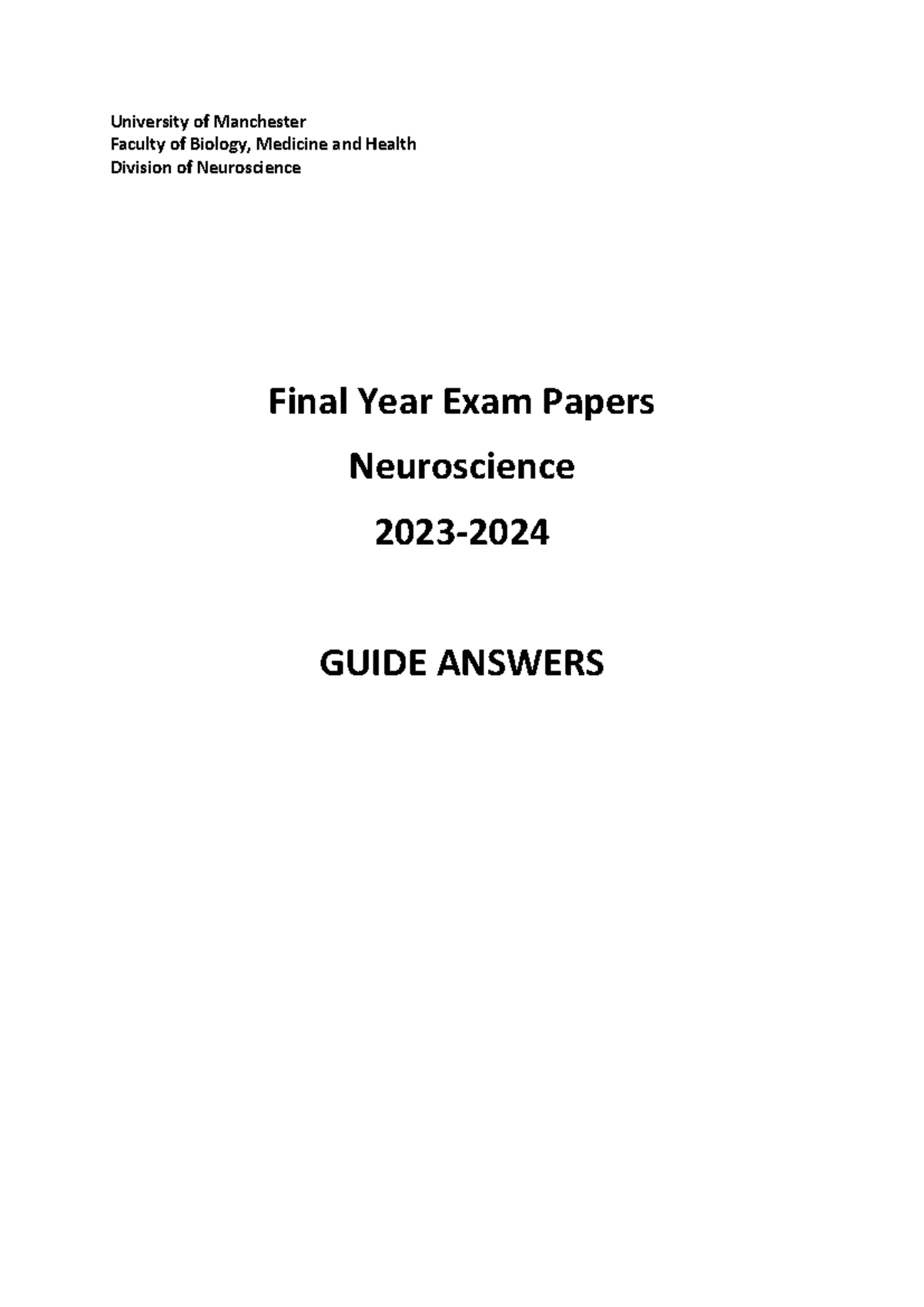 Final Year Exam Papers - Neuroscience 2024 - Guide Answers - University ...