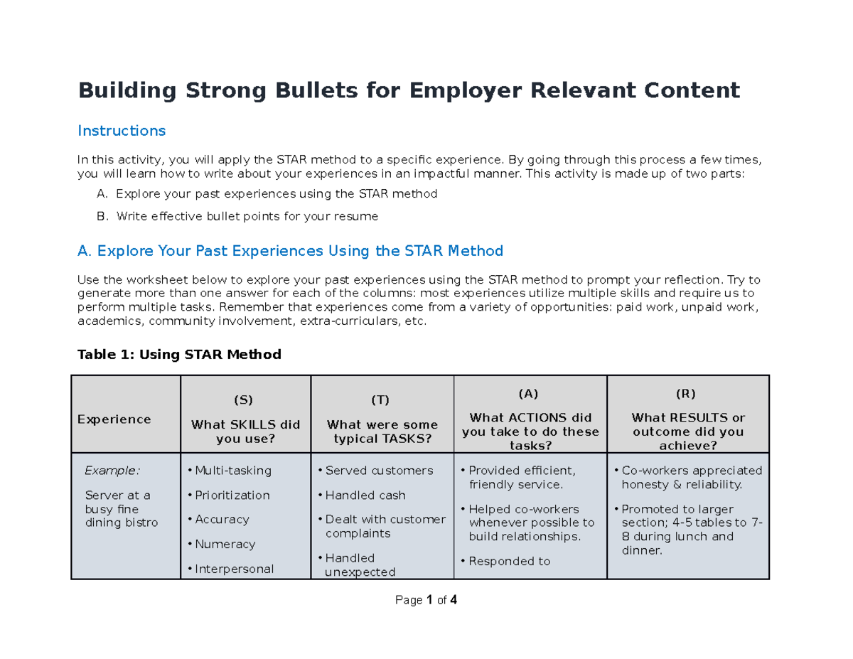Resume Bullet Worksheet - Building Strong Bullets for Employer Relevant ...