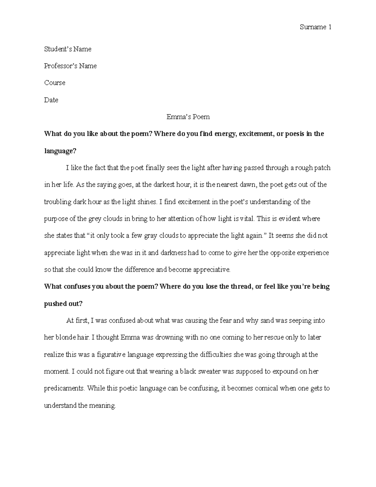 Emma poem - poem analysis - Surname 1 Student’s Name Professor’s Name ...