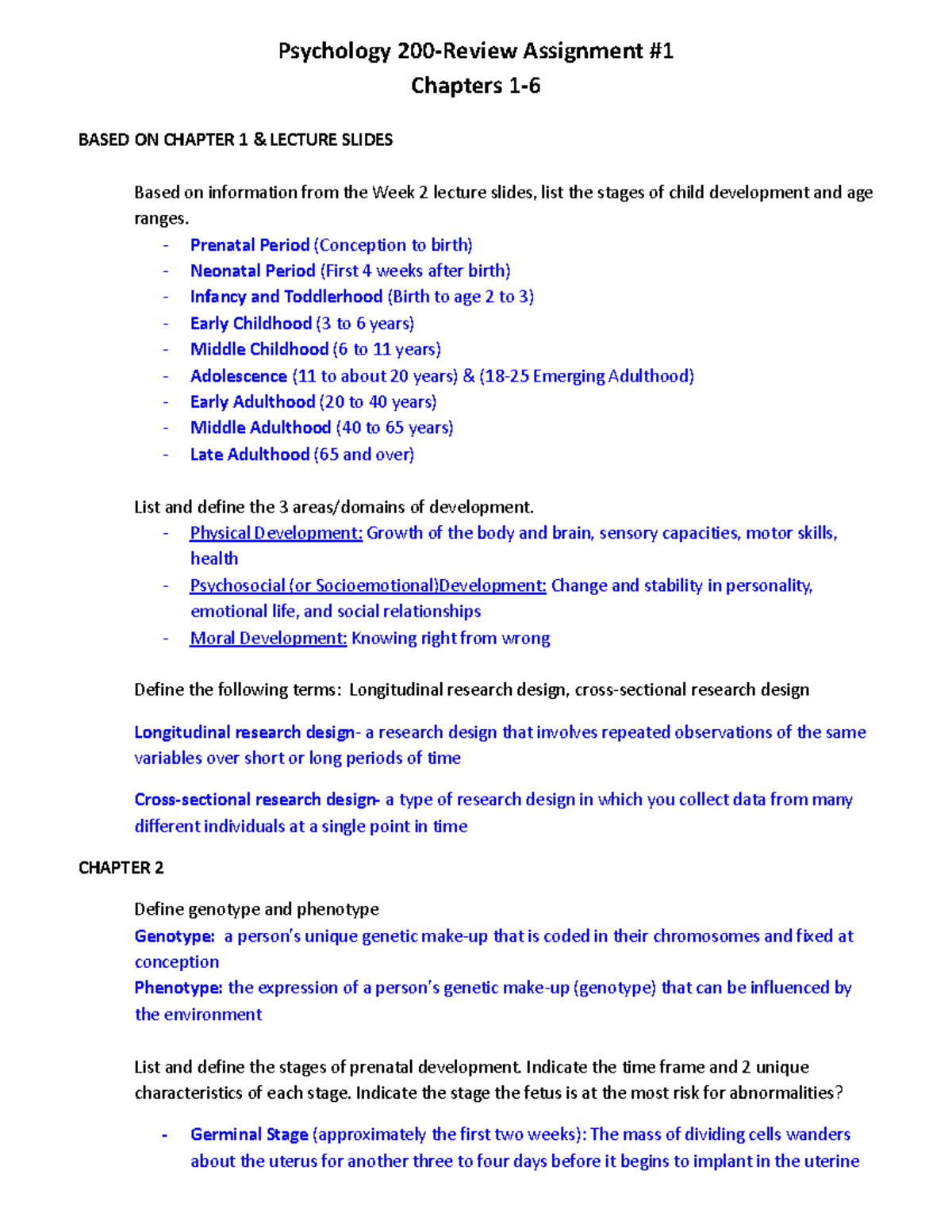 Assignment 1 - Exam Review - Psychology 200-Review Assignment Chapters 1- BASED ON CHAPTER 1 ...