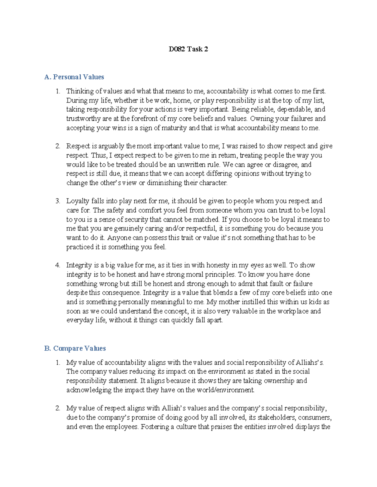 D082 Task 2 - Task 2 submittal pass - D082 Task 2 A. Personal Values ...