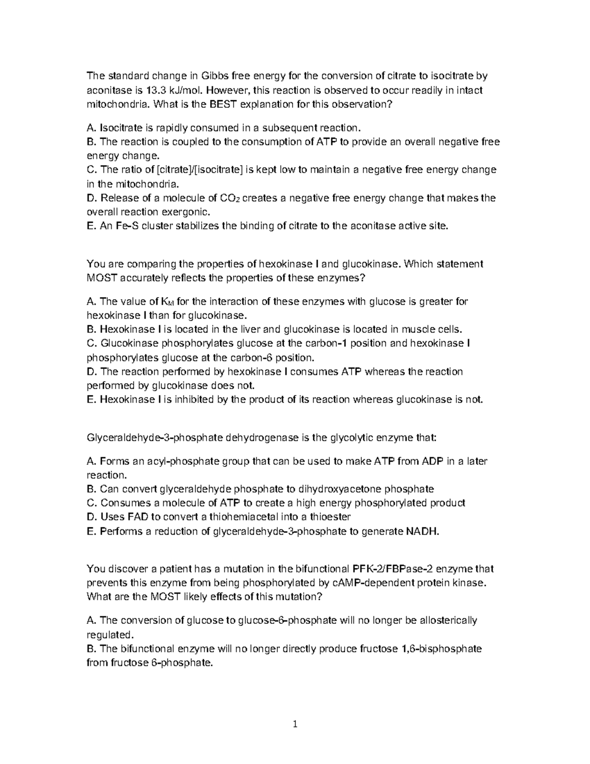Midterm 3 Practice Questions 2019 - The standard change in Gibbs free energy for the conversion ...