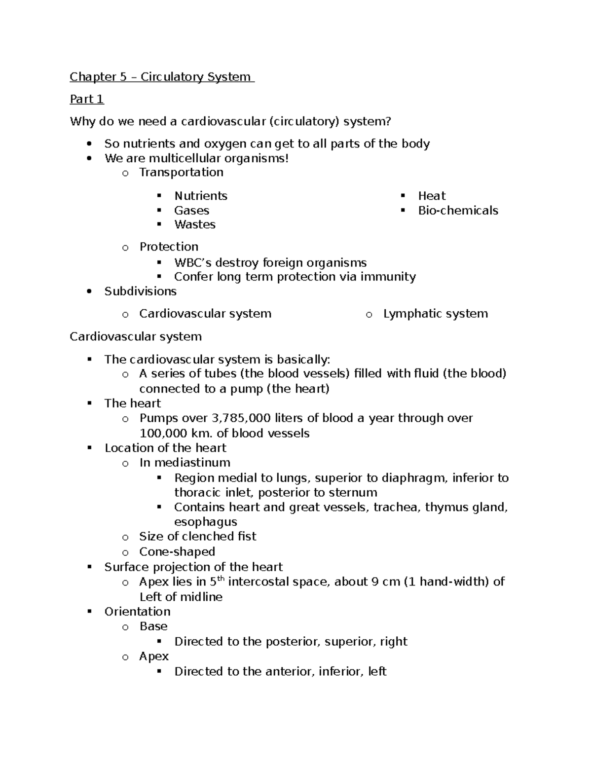Chapter 5 - Ch 5 - Chapter 5 – Circulatory System Part 1 Why do we need ...
