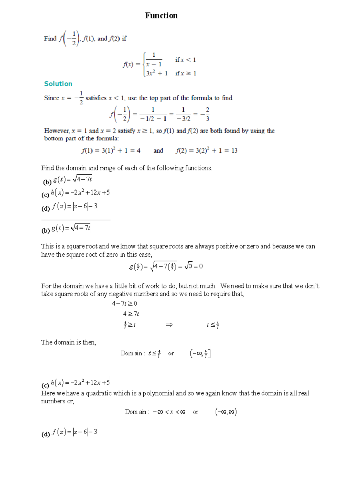 Introduction to Functions - Function Find the domain and range of each ...