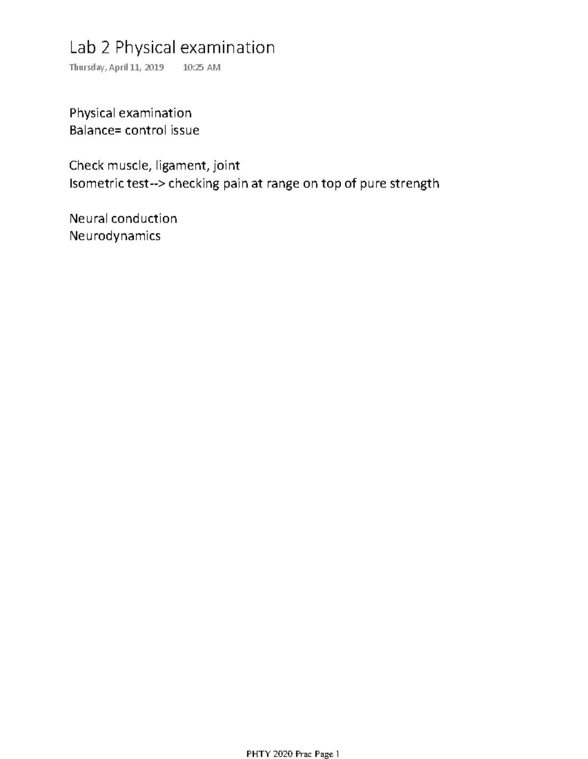 PHTY 2020 Prac - Summary Musculoskeletal Physiotherapy I - Warning: TT: undefined function: 32 ...