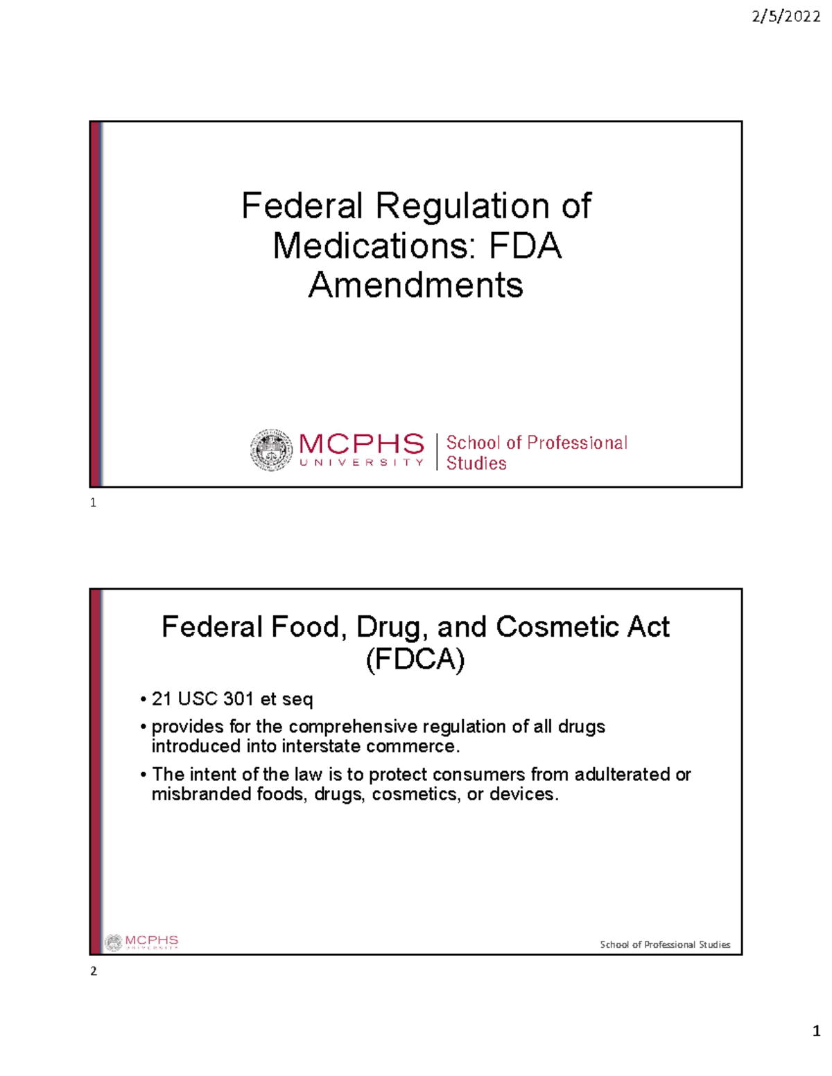 Law 2-1 - School of Professional Studies Federal Regulation of ...