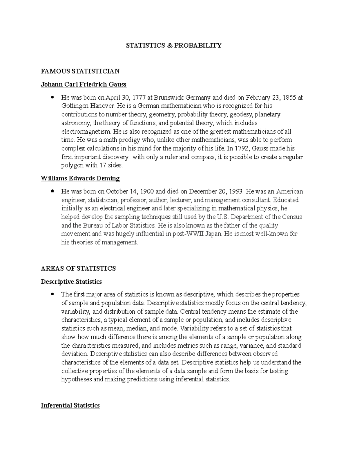 Statistics - Stats - STATISTICS & PROBABILITY FAMOUS STATISTICIAN ...