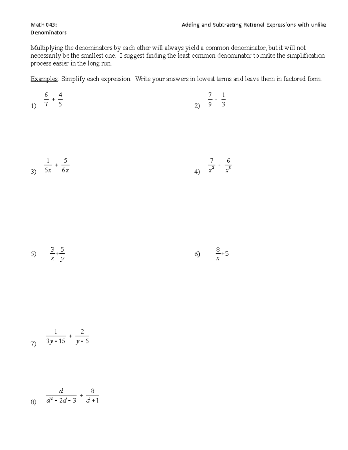 12 Addition and Subtraction RE Unlike Demoninators - Math 043: Adding ...