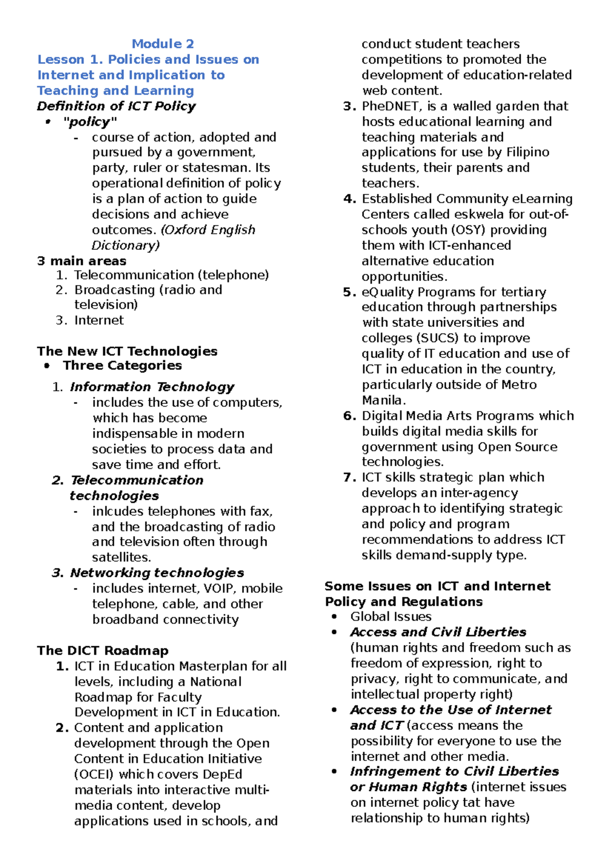 Ttl - notes. - Module 2 Lesson 1. Policies and Issues on Internet and ...