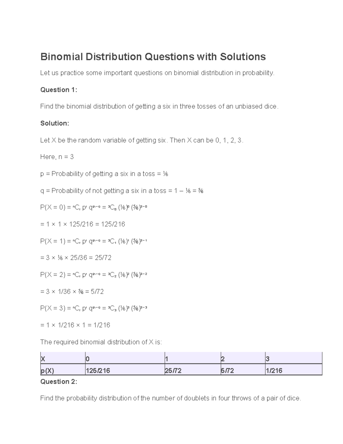 Binomial Distribution Questions with Solutions - Question 1: Find the ...