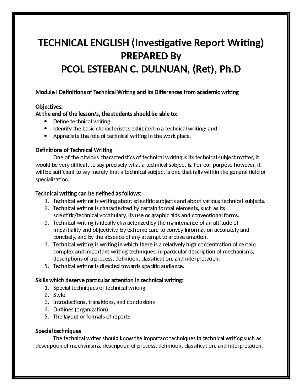 Technical English 1 module - TECHNICAL ENGLISH (Investigative Report ...