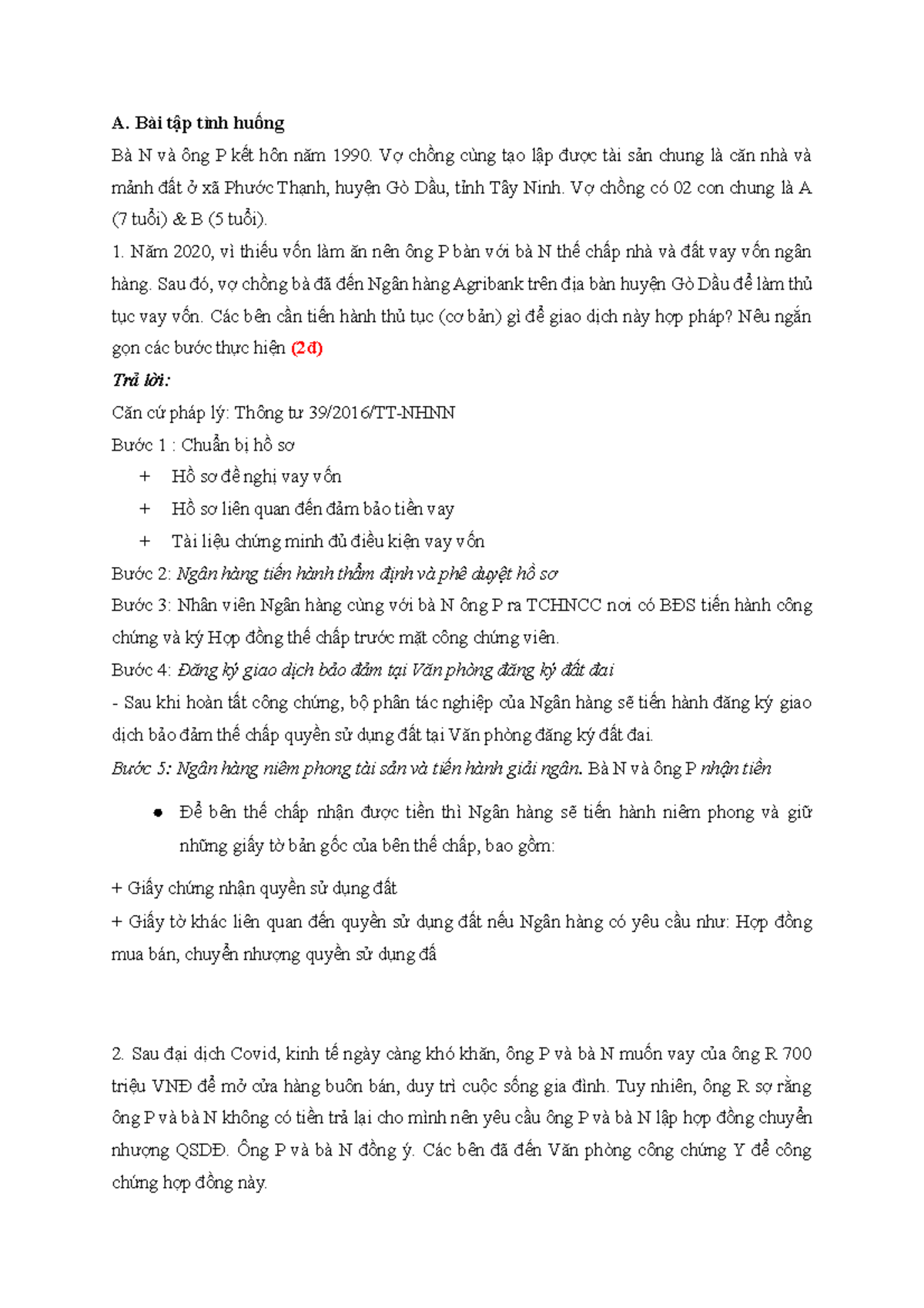 Nhóm 4 - BT2 - NOOOOOOOOOOOOOOOOO - A. Bài tập tình huống Bà N và ông P kết hôn năm 1990. Vợ ...