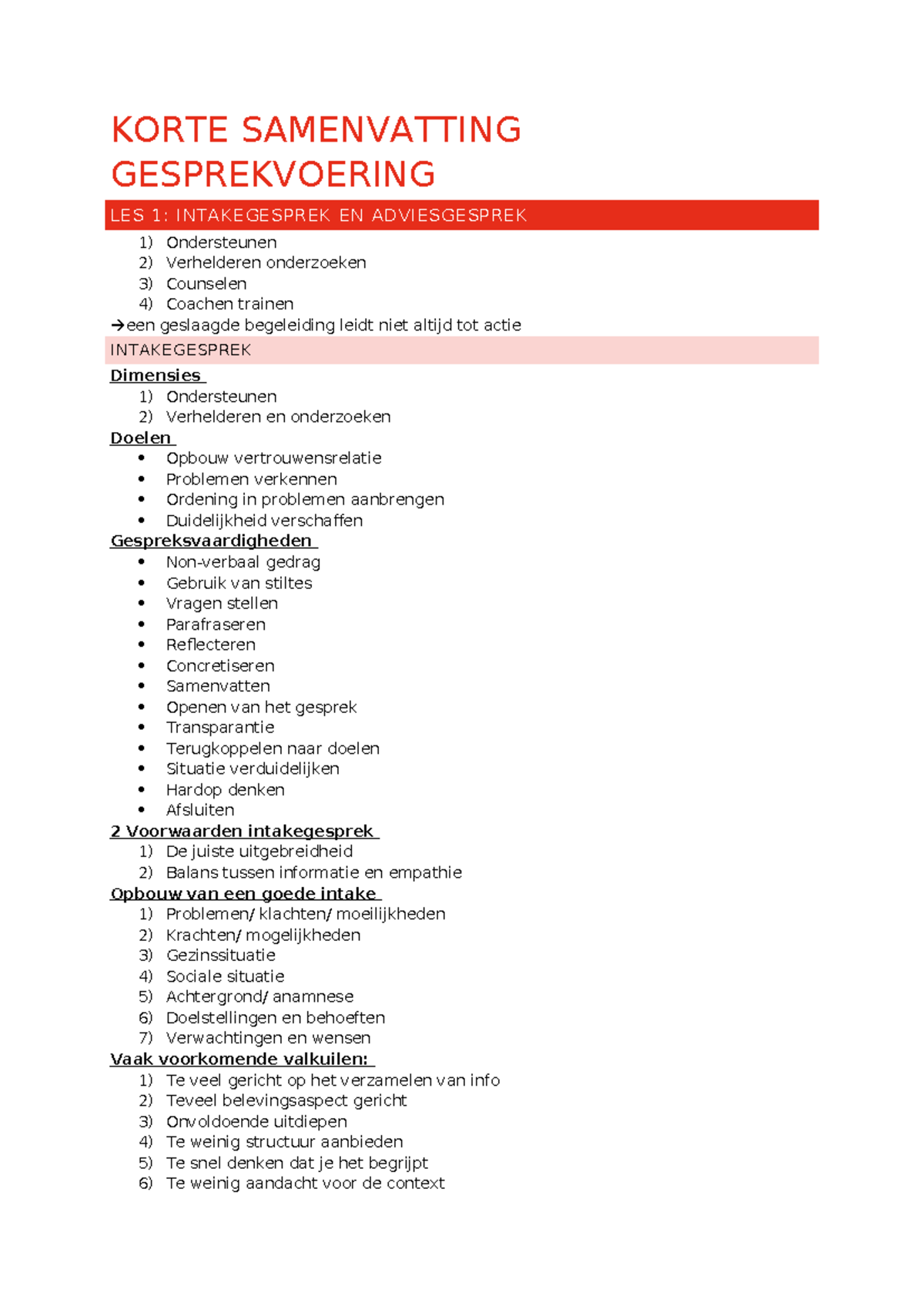 Korte samenvatting gespreksvoering - KORTE SAMENVATTING GESPREKVOERING LES 1: INTAKEGESPREK EN ...
