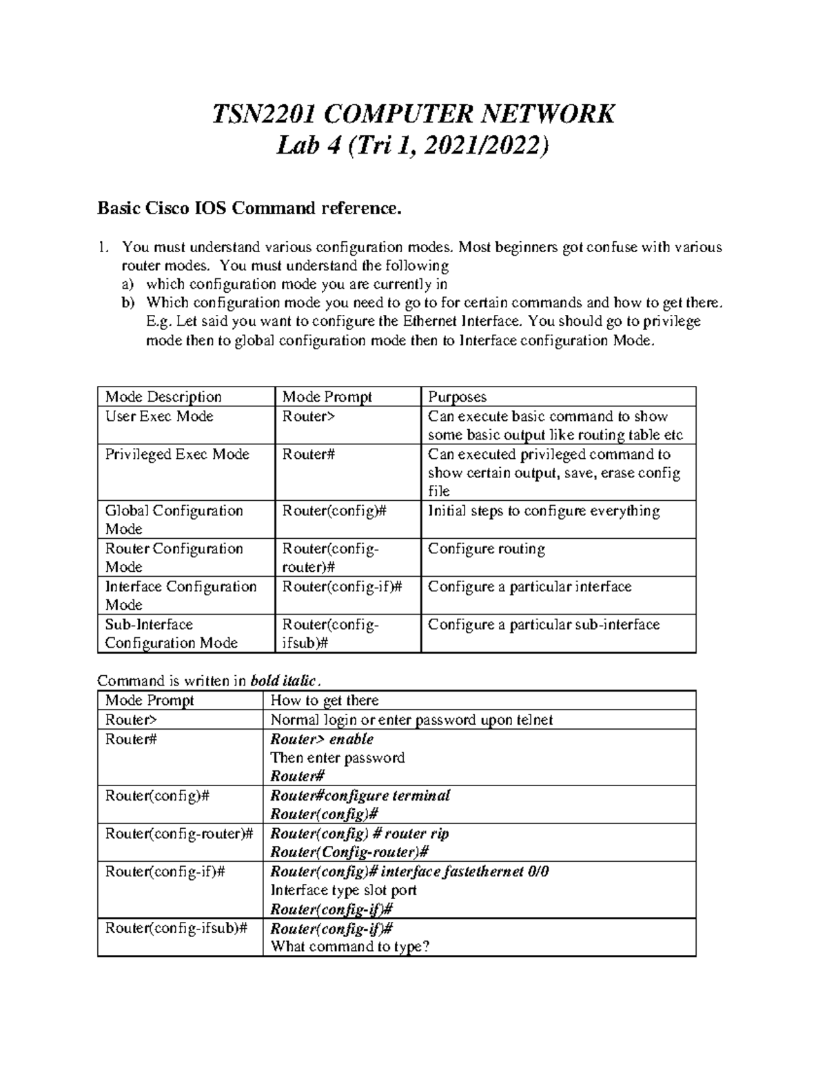 380365 TSN2201-Lab4-Packet Tracker-21 - TSN2201 COMPUTER NETWORK Lab 4 (Tri 1, 2021/2022) Basic ...