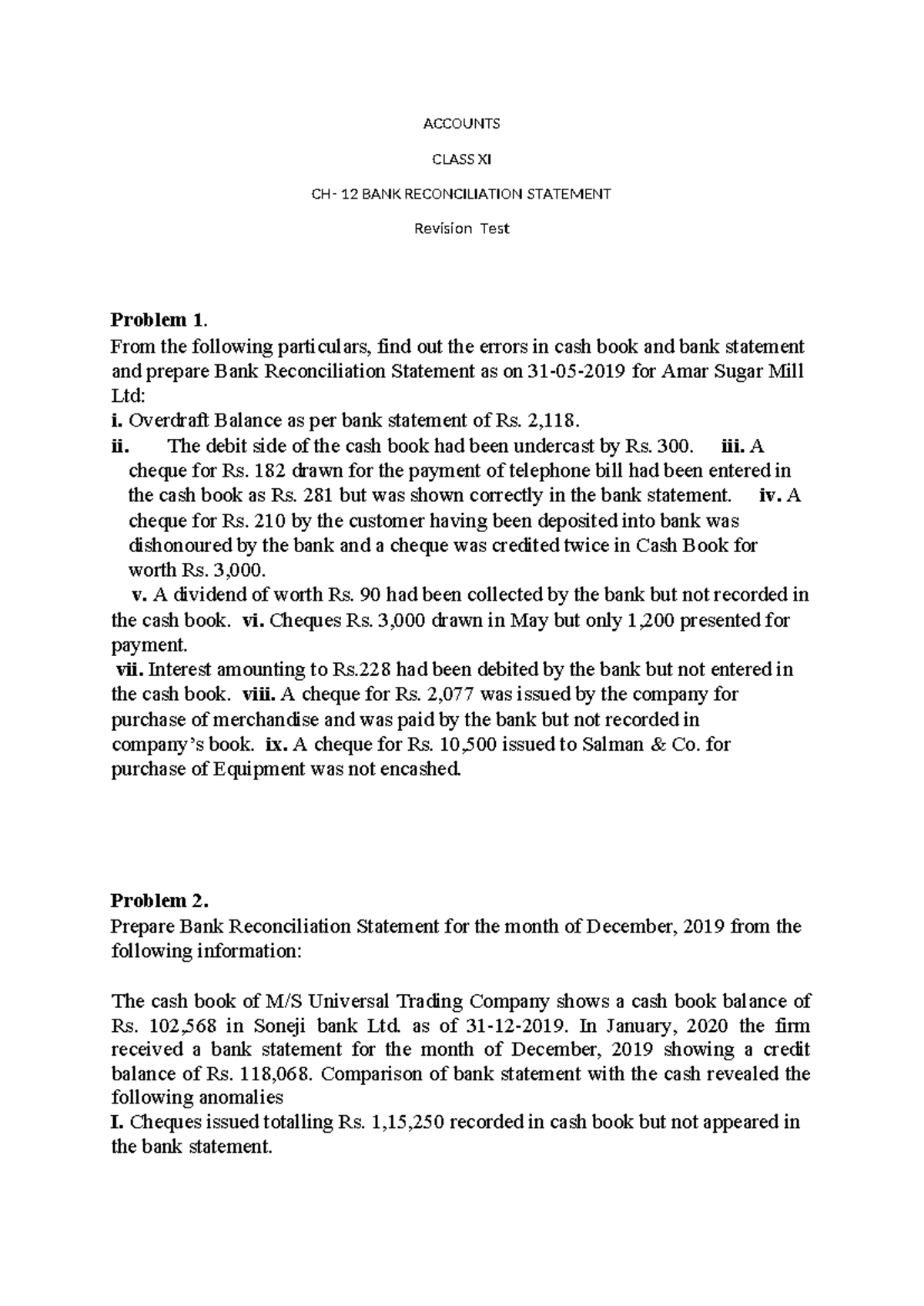 Ch-12-BRS- Revision Test - ACCOUNTS CLASS XI CH- 12 BANK RECONCILIATION ...
