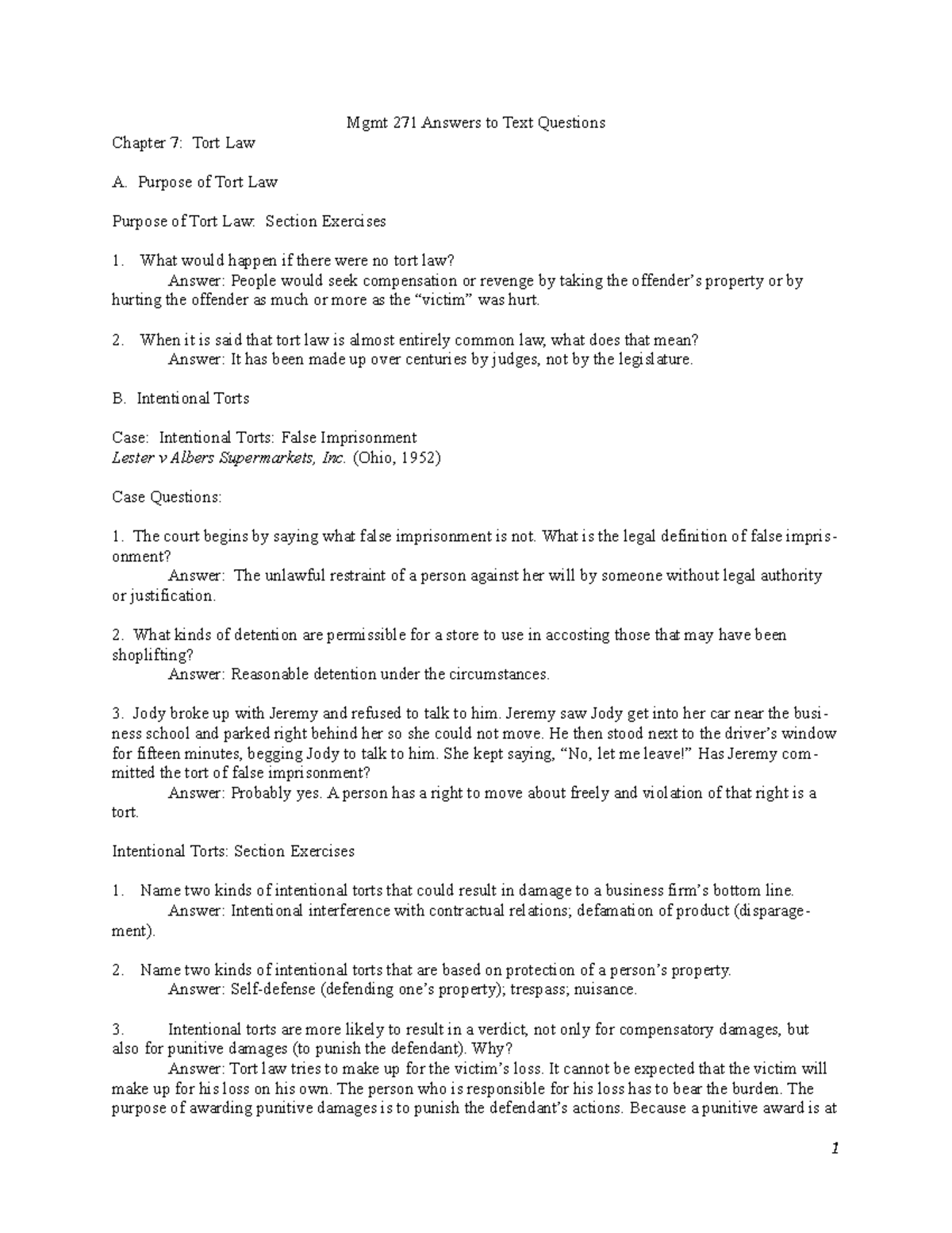 Mgmt 271 Chapter 7 - Mgmt 271 Answers to Text Questions Chapter 7: Tort ...