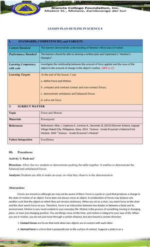 5 - Physics - LESSON PLAN OUTLINE IN SCIENCE 8 I. STANDARDS ...