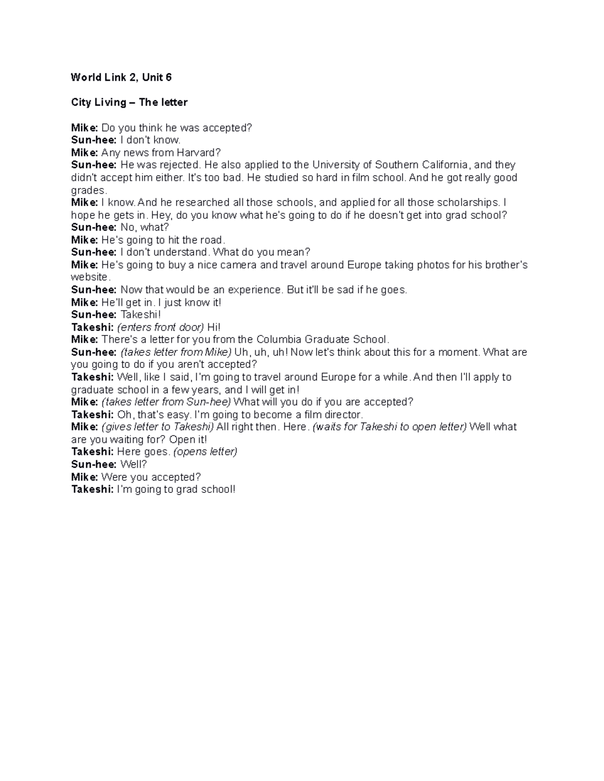 Wl3e level 02 u06 cl video script - World Link 2, Unit 6 City Living ...
