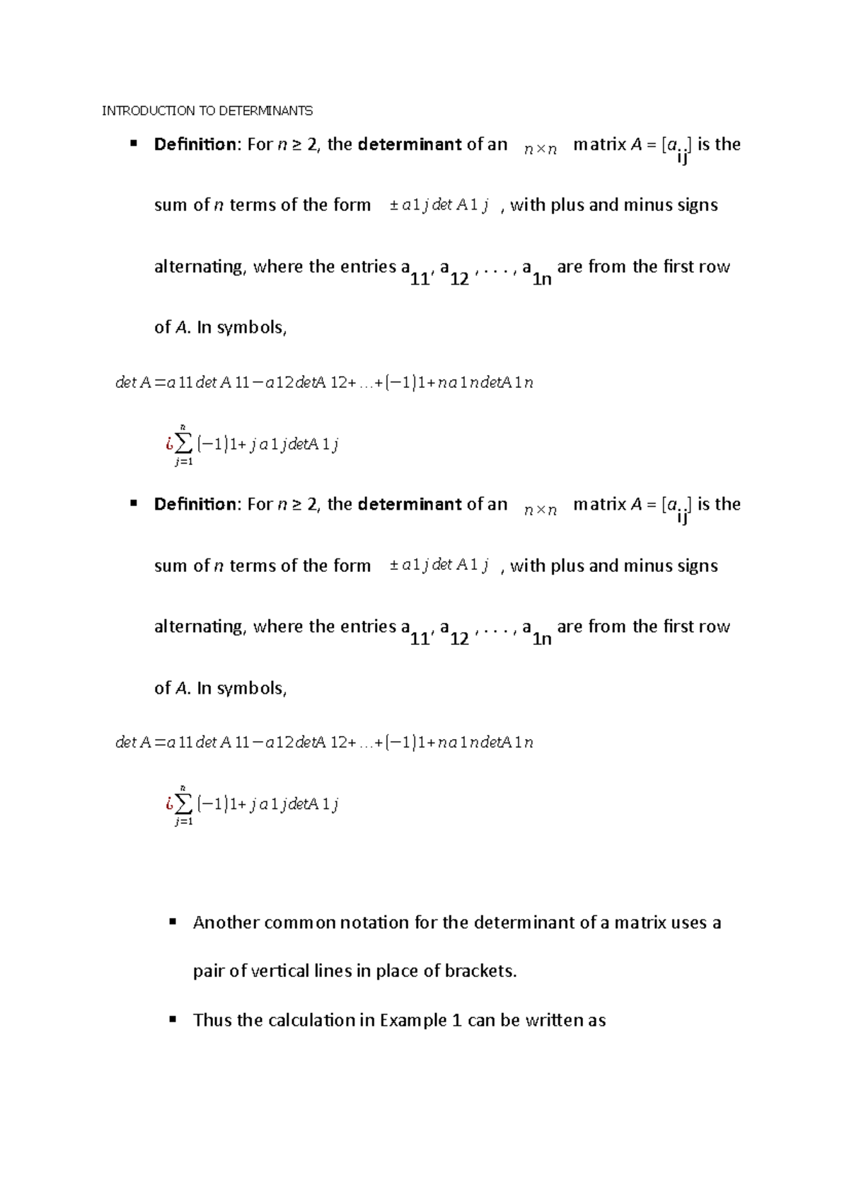 Introduction TO Determinants - INTRODUCTION TO DETERMINANTS Definition ...