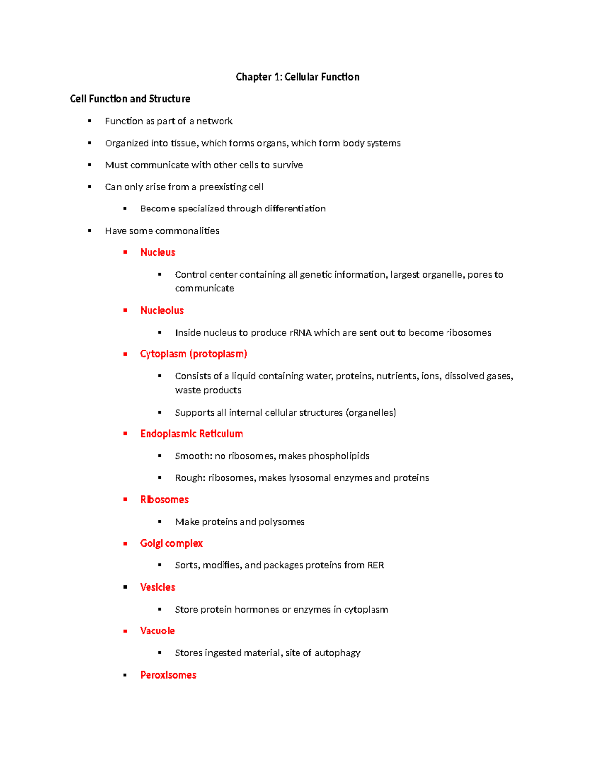 NUR 591 Adv Patho Chapter 1 - Chapter 1: Cellular Function Cell Function and Structure Function ...