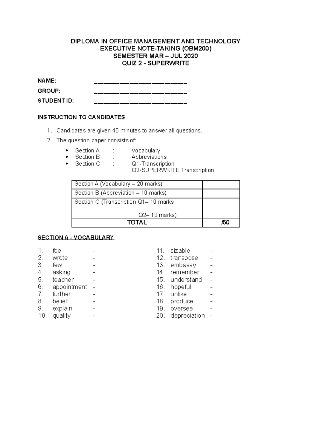 QUIZ Superwrite - OBM 200 - DIPLOMA IN OFFICE MANAGEMENT AND TECHNOLOGY ...