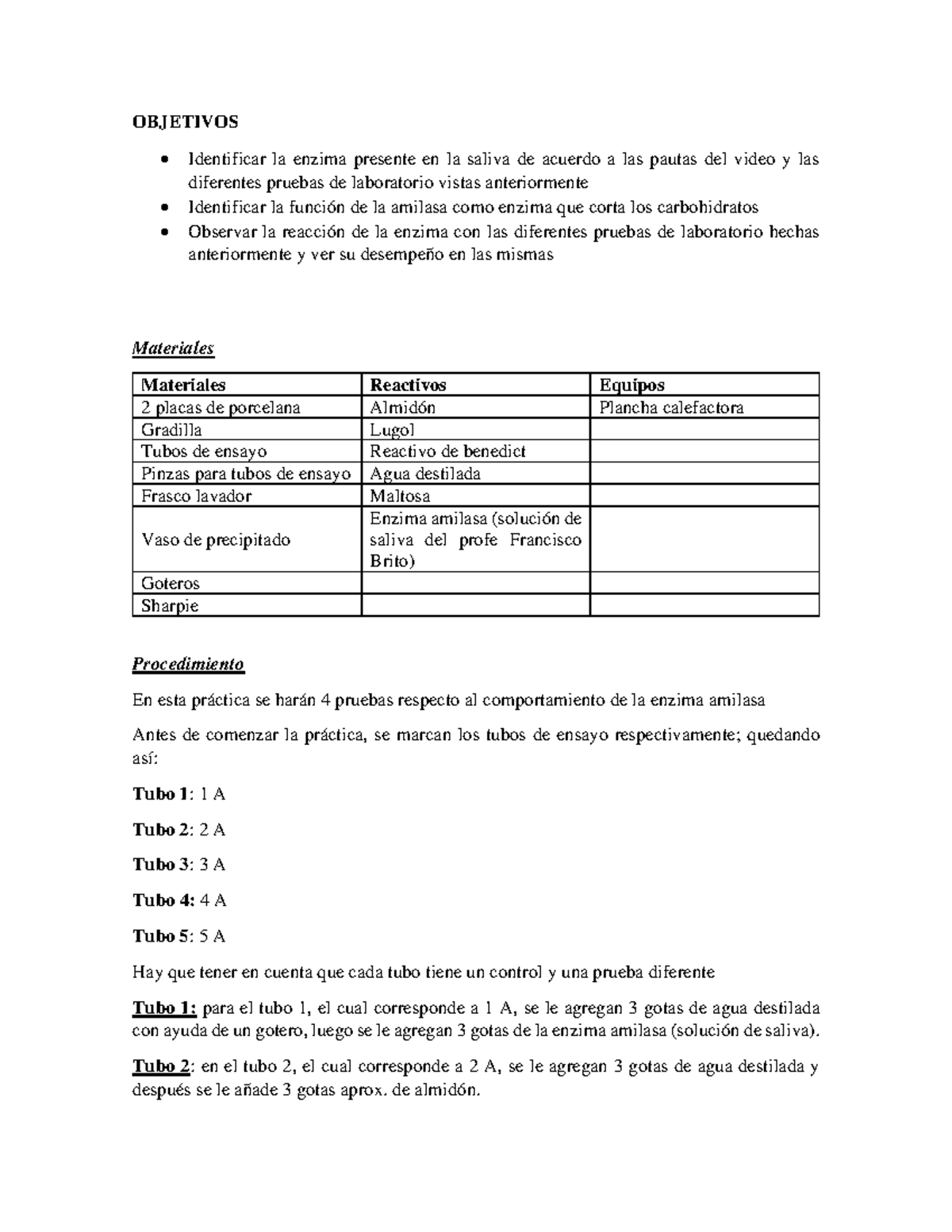 Amilasa Bioquimica - OBJETIVOS Identificar la enzima presente en la ...