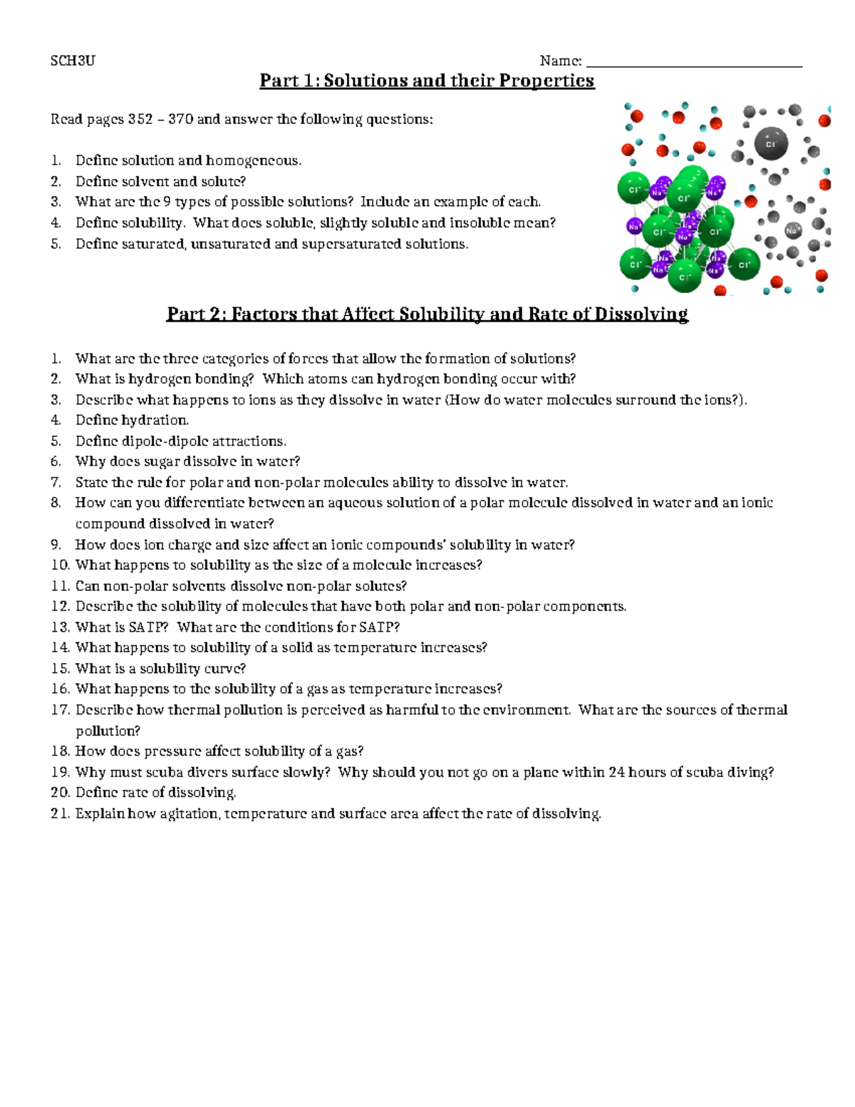 1) WS 8.1, 8.2 Solutions and their Properties - SCH3U Name