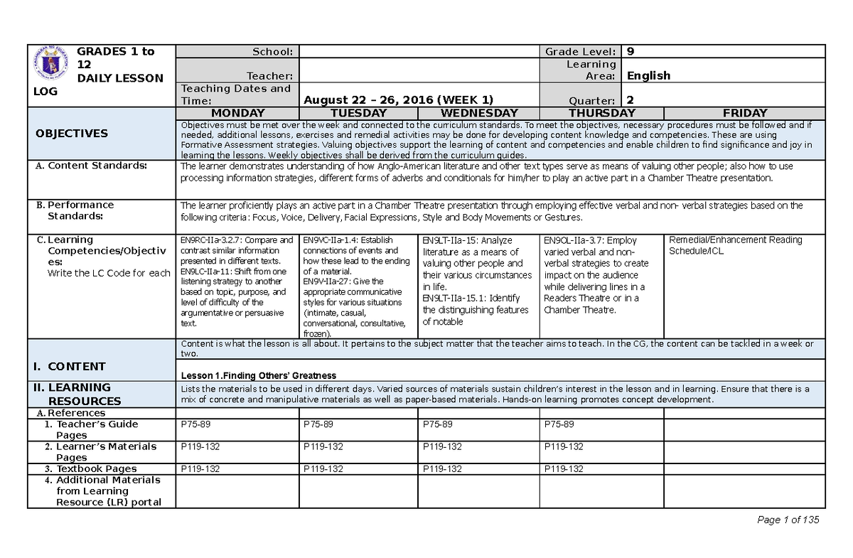 daily lesson log - GRADES 1 to 12 DAILY LESSON LOG School: Grade Level ...