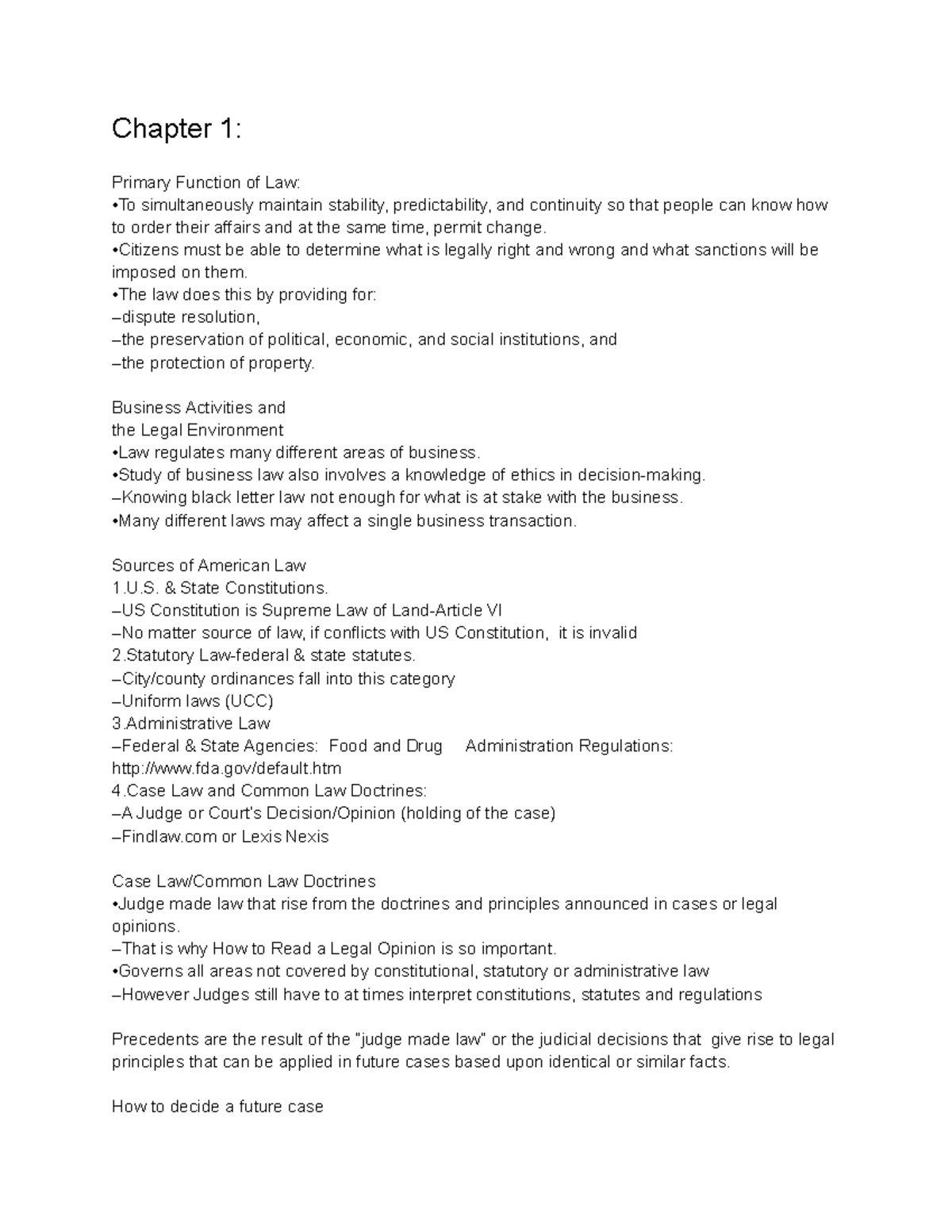 Untitled document - Powerpoint - Chapter 1: Primary Function of Law: •To simultaneously maintain ...