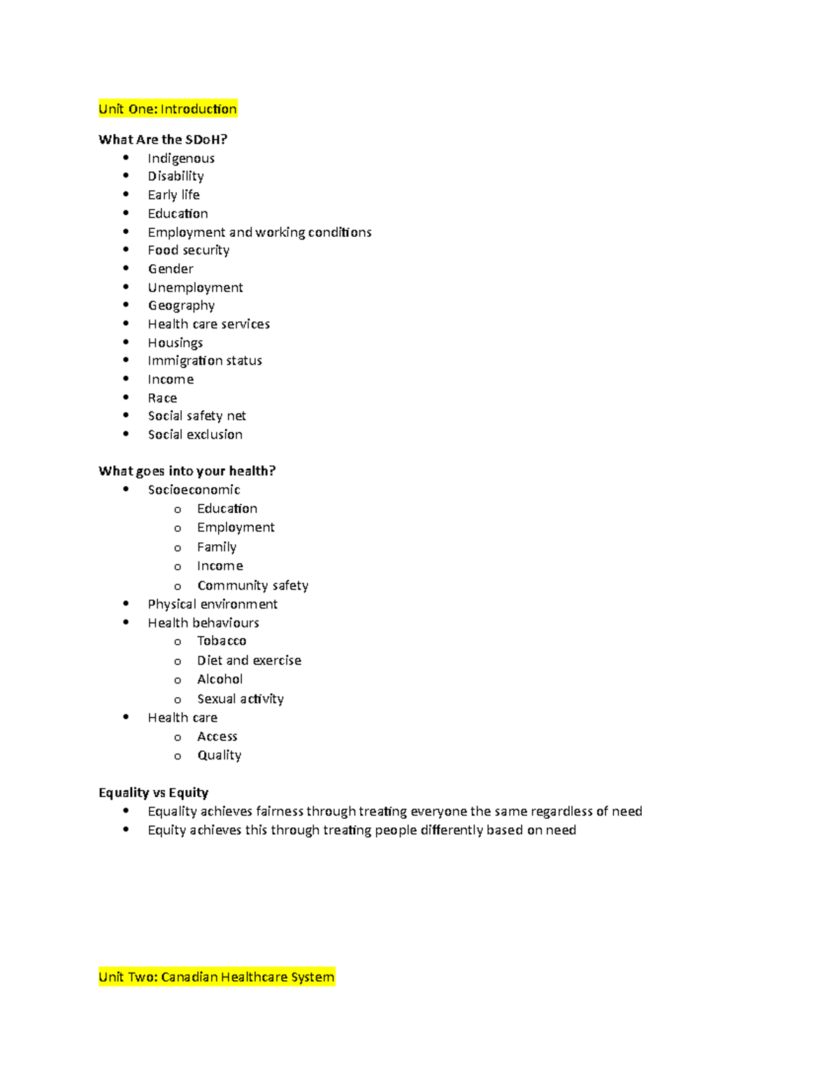 Final review for SDOH MAC - Unit One: Introduction What Are the SDoH ...