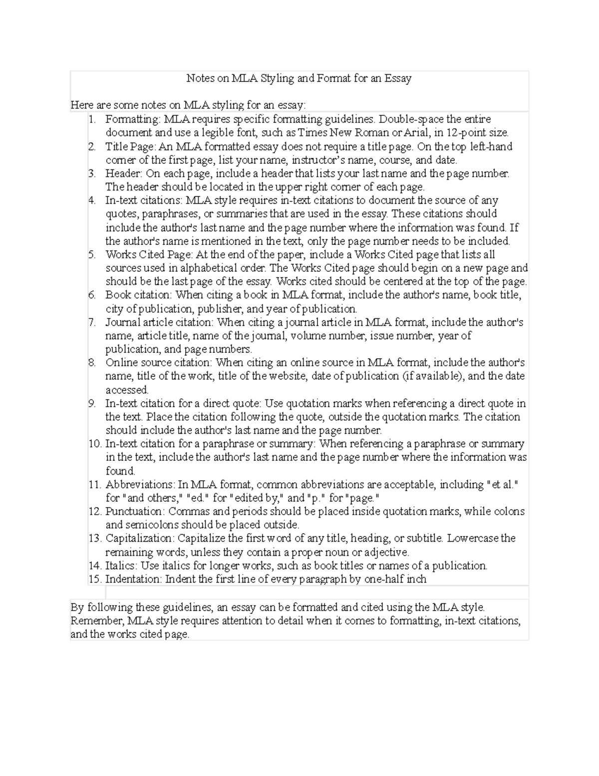 Notes on MLA Styling and Format for an Essay - Formatting: MLA requires ...