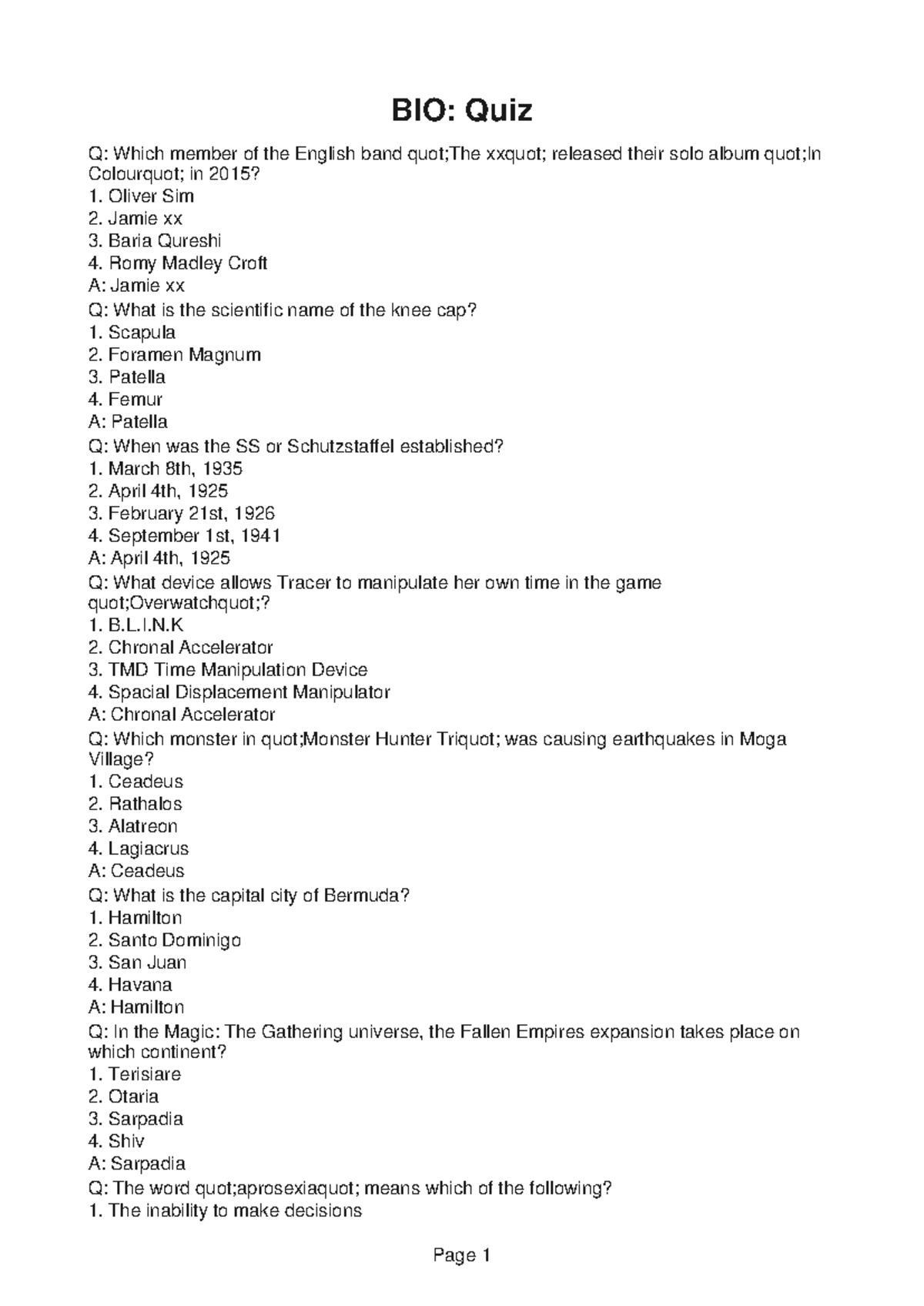 BIO164 Summary 8 - BIO: Quiz Q: Which member of the English band quot ...