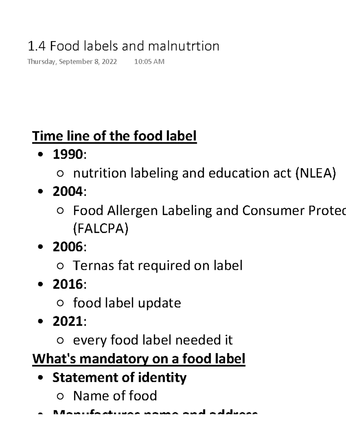 1.4 Food labels and malnutrtion - Time line of the food label 1990 ...